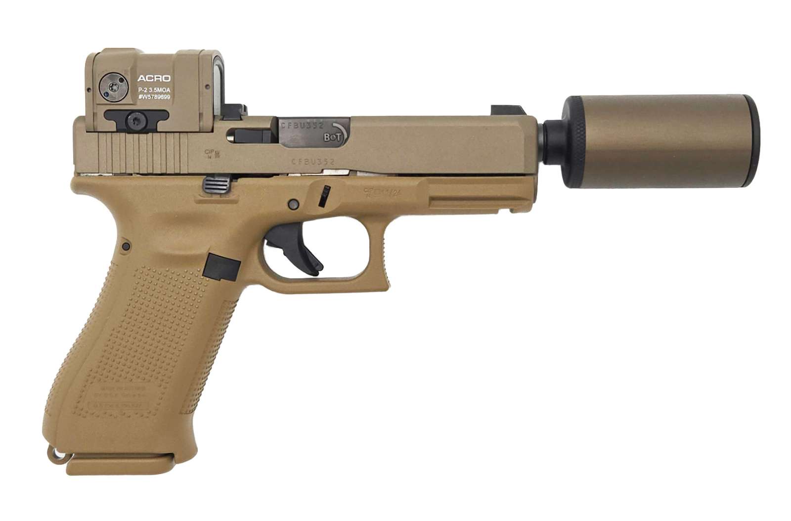 B&T HUSH PUPPY KIT GLOCK 19X TAN 9MM PISTOL, WIPE SUPPRESSOR, FDE ACRO ...